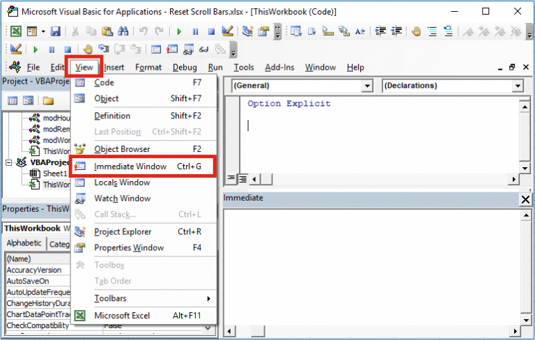 Reset Scrollbar - Immediate Winow - Excel Off The Grid