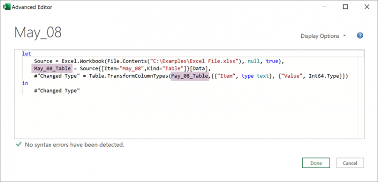 Power Query: Get data when sheet/Table names change (2 ways)